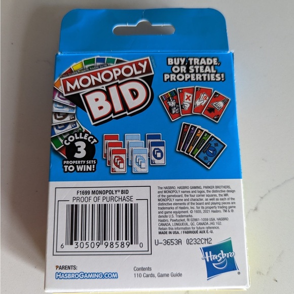 Hasbro | Games | Monopoly Bid Card Game 22 Hasbro New Complete W Sealed ...